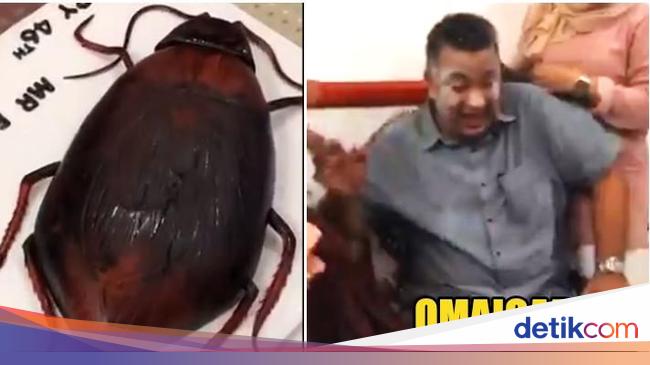 Dapat Kejutan Kue Bentuk Kecoa Raksasa, Reaksi Pria Ini Bikin Ngakak