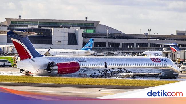 Pesawat Red Air Tergelincir dan Terbakar di Bandara Miami