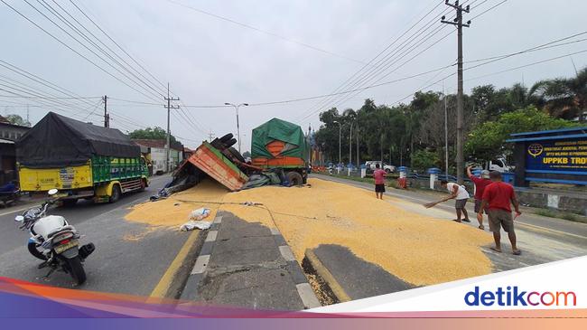 Terobos Razia di Jembatan Timbang Mojokerto, Truk Muat Jagung Terguling