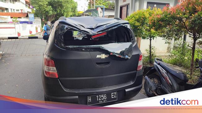 Penyok! Pohon Tumbang Timpa Mobil di Depan SMK Grafika Semarang