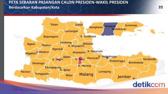 Peta Sebaran Pendukung Pilpres di Jatim Versi Survei Poltracking