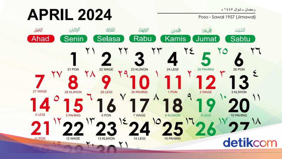 Kalender April 2024: Hijriah, Weton, Daftar Libur dan Cuti Bersama