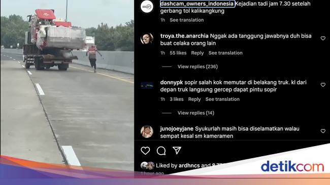 Viral Jatuh-Bangun Sopir Kejar Truk yang Melaju Sendiri di Tol