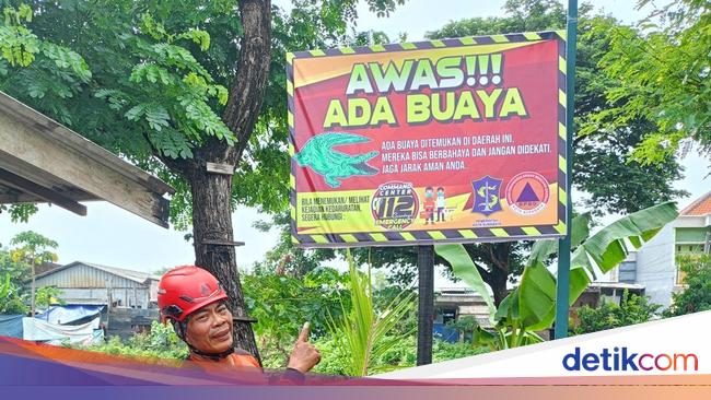 Peringatan 'Awas Ada Buaya' di Sungai Wonorejo Surabaya Sudah Terpasang