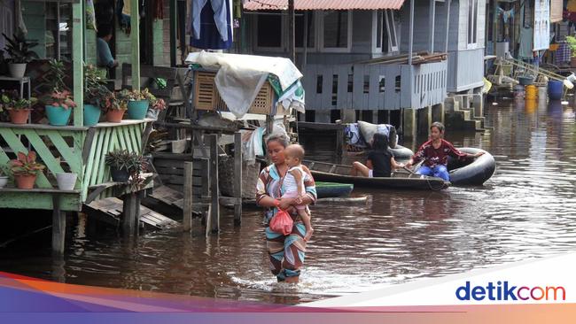 Terpaksa Gunakan Sampan Warga Rokan Hilir Akibat Banjir