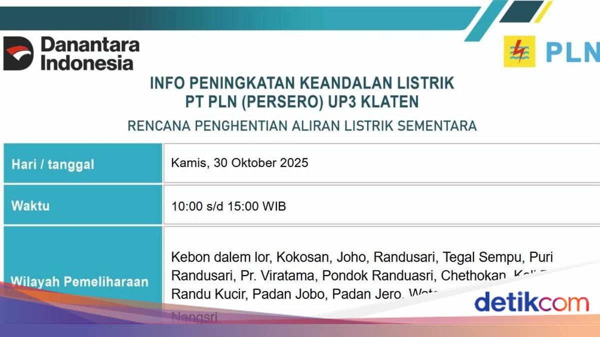 Jadwal Pemadaman Listrik di Klaten Kamis 30 Oktober 2025