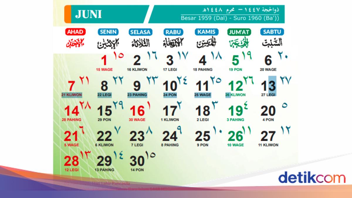 Kalender Juni 2026 Lengkap: Tanggal Merah, Libur Nasional-Cuti, dan ...