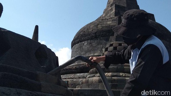 Petugas Bersihkan Abu Merapi dari Candi Borobudur