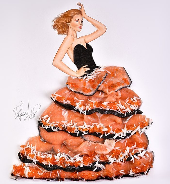 Unik! 10 Sketsa Gaun Ini Dihias Pakai Bahan Makanan