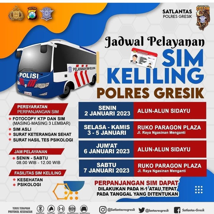 Jadwal SIM Keliling Gresik hingga 7 Januari 2023, Simak Lokasinya! Jadwal SIM Keliling Gresik hingga 7 Januari 2023, Simak Lokasinya!
