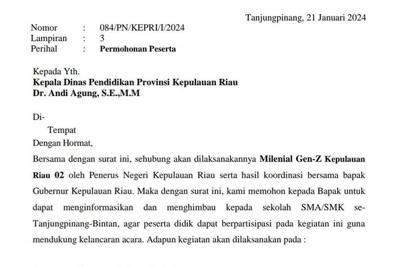 Beredar Surat Permohonan Peserta Kegiatan 02 ke Disdik Kepri, Bawaslu ... Beredar Surat Permohonan Peserta Kegiatan 02 ke Disdik Kepri, Bawaslu ...