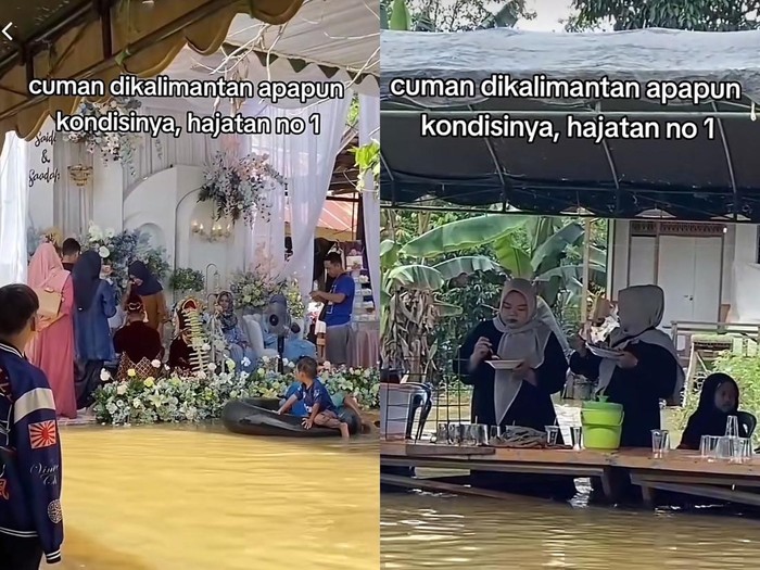 Viral Pernikahan di Tengah Banjir Tamu Tetap Santuy Santap Hidangan