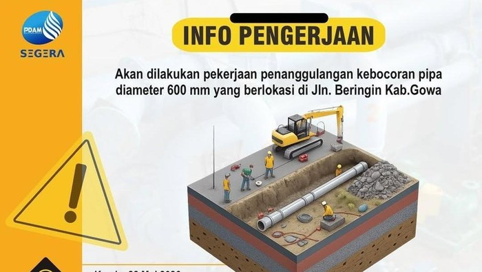 Ada Pengerjaan Pipa, Suplai PDAM Makassar Terganggu di 17 Lokasi Hari Ini