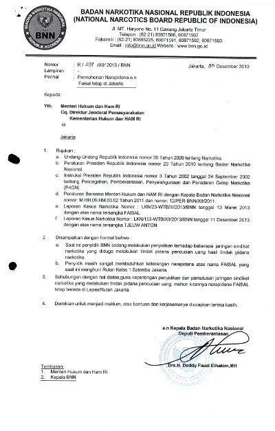 Ini Surat BNN Terkait Penolakan Pemindahan Napi Gembong Narkoba Faisal
