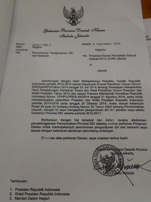 Ini Isi Surat Pengunduran Diri Jokowi dari DKI