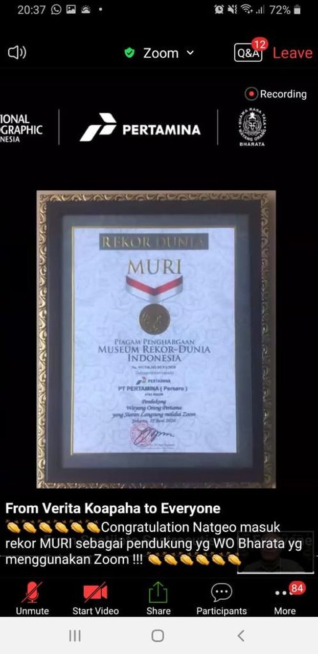 Gelar Wayang Orang Online Pertama, Pertamina Raih Rekor MURI