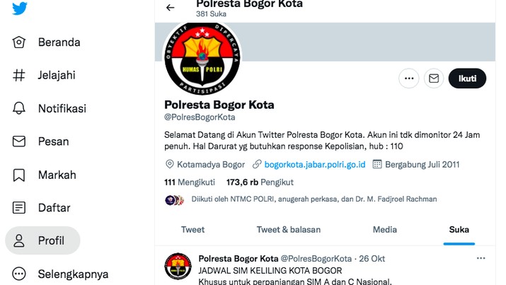 Viral Akun Twitter @PolresBogorKota Like Akun Porno, Diretas?