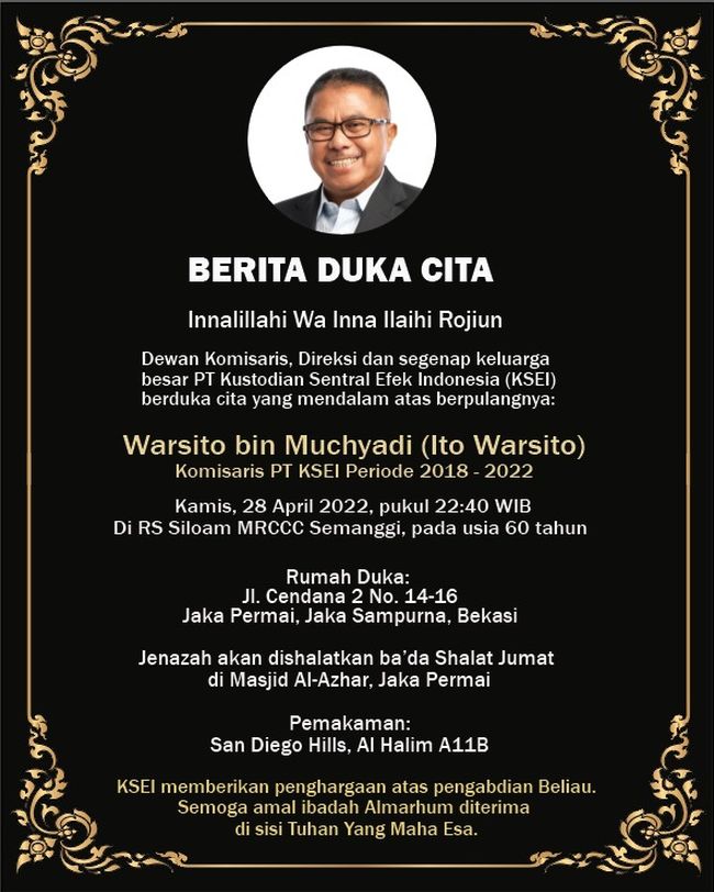 Kabar Duka, Dirut BEI 2009-2015 Ito Warsito Meninggal Dunia