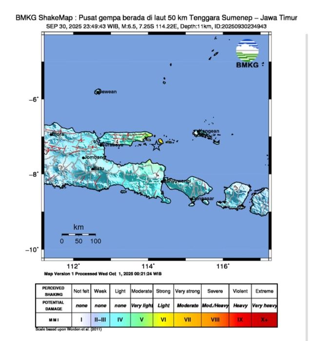Gempa Bumi M 6,5 Guncang Sumenep Madura, Kedalaman 11 Km